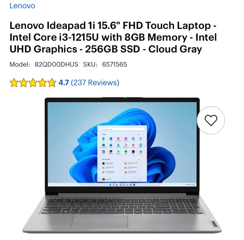Lenovo Ideapad 1i 15.6" FHD Touch Laptop - Intel Core i3-1215U with 8G ...
